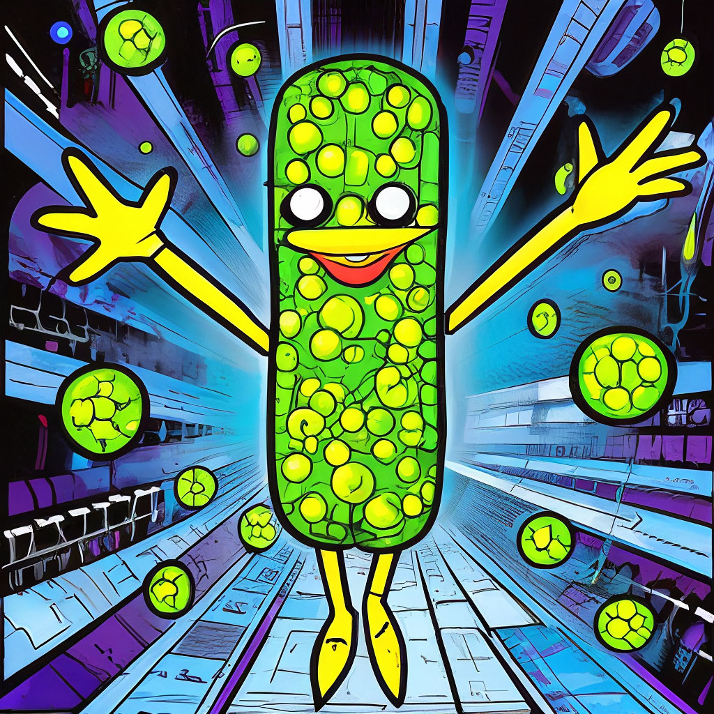 "Dot, dot, comma, funny face came out, arms, legs, cucumber, a man ...