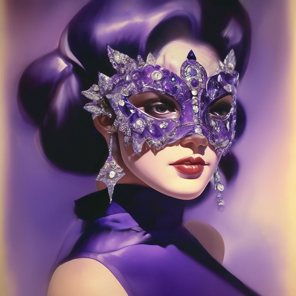 "A girl in a gorgeous masquerade, purple, velvet mask, studded with ...