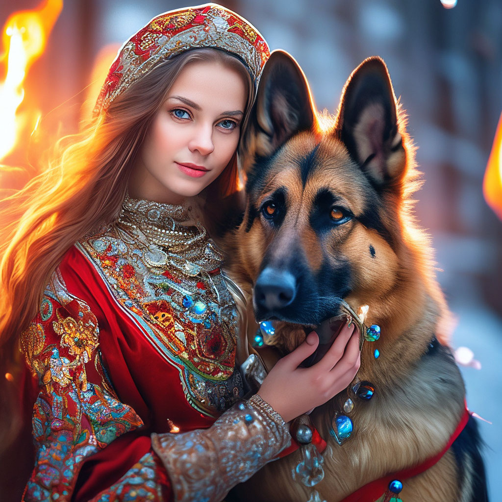 "A Russian girl with a large German shepherd, cinematic, bright ...