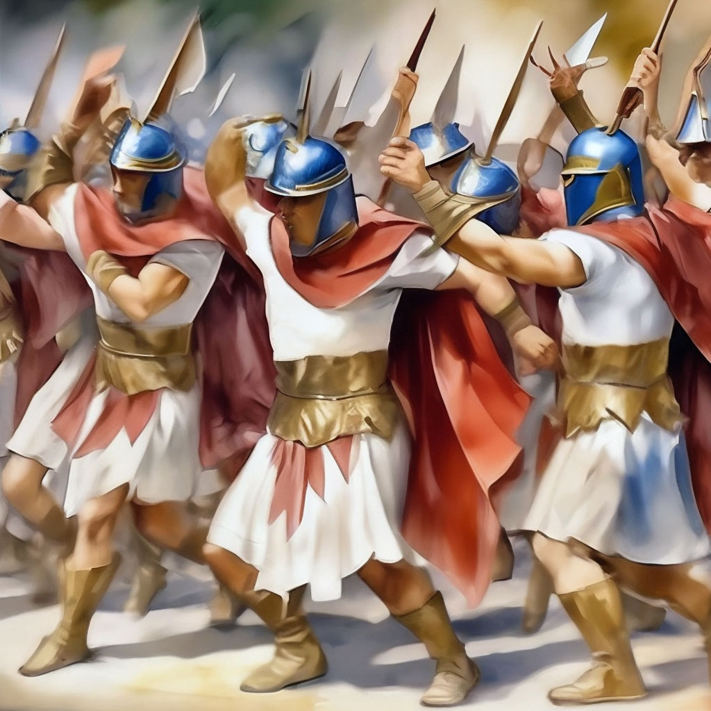 "Watercolour. Pyrrhic ritual dance of ancient Greece, performed before ...