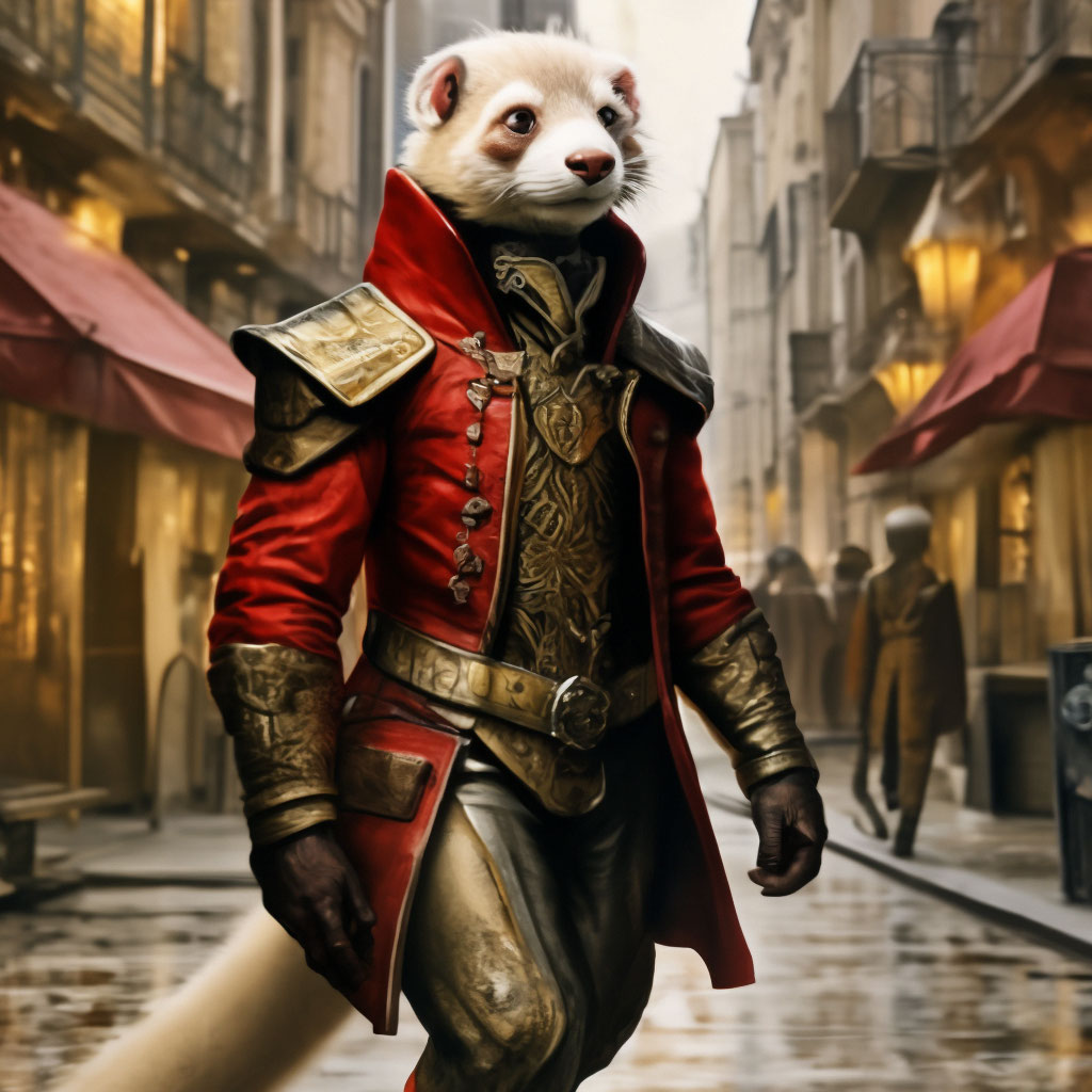 "Watercolor sketch, anthropomorphic pumped-up ferret man walking down ...