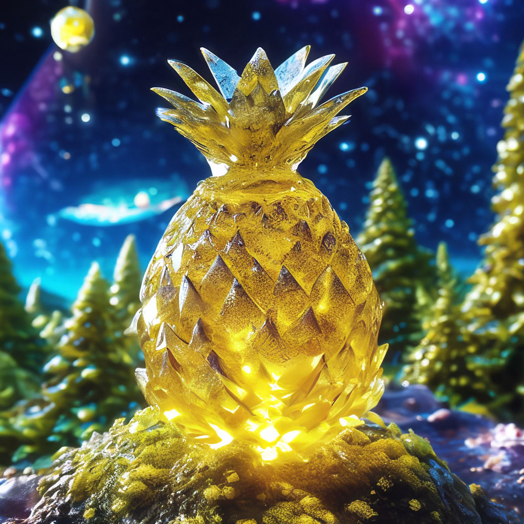 "Epic yellow crystal pineapple with alien forests, stars, galaxies ...