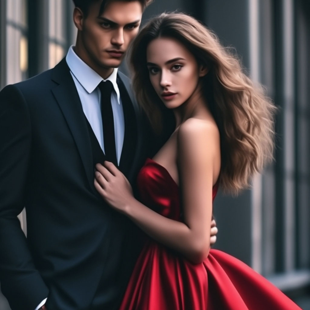 "The main characters of the book, a girl in a scarlet dress, a man in a ...
