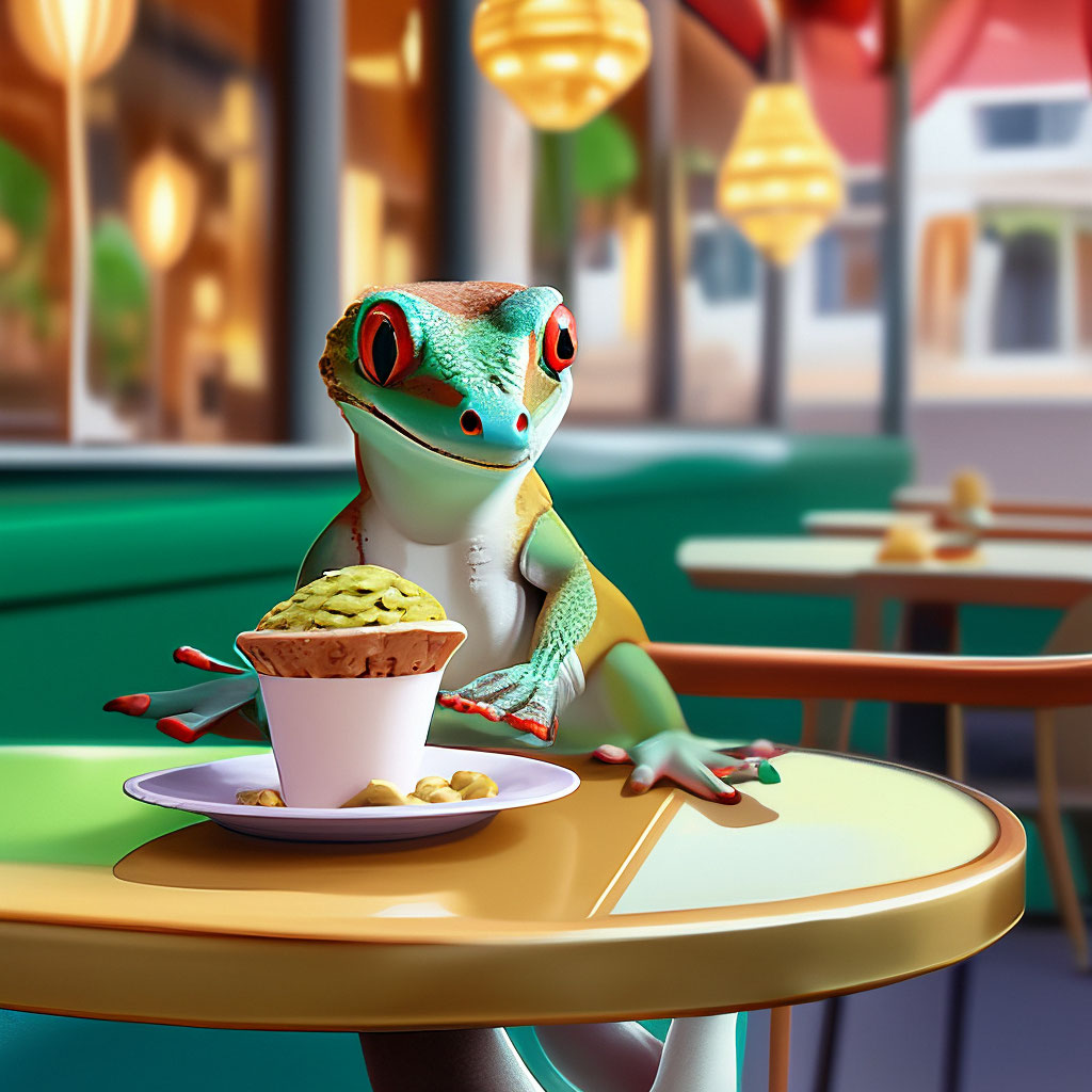 "Gecko eats pistachio ice cream at a table in a cafe" — image created ...