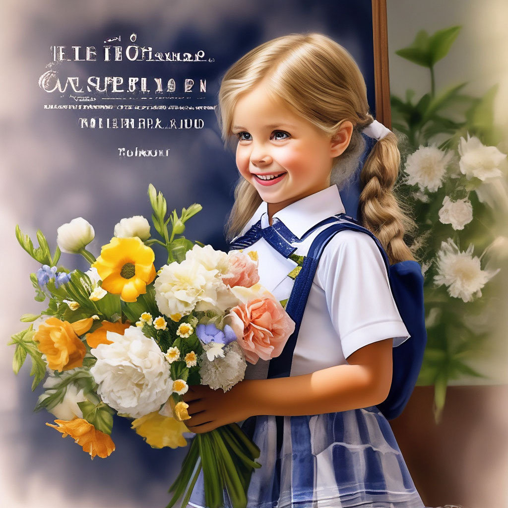 ""September 1", , school, ,first grader with a bouquet of flowers ...