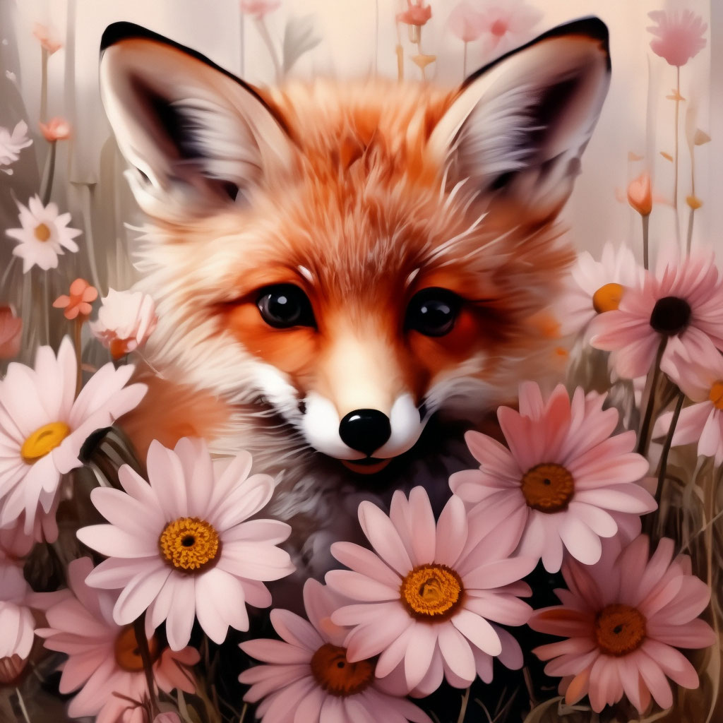 "Cute pink baby fox with an armful of white daisies, delicate ...