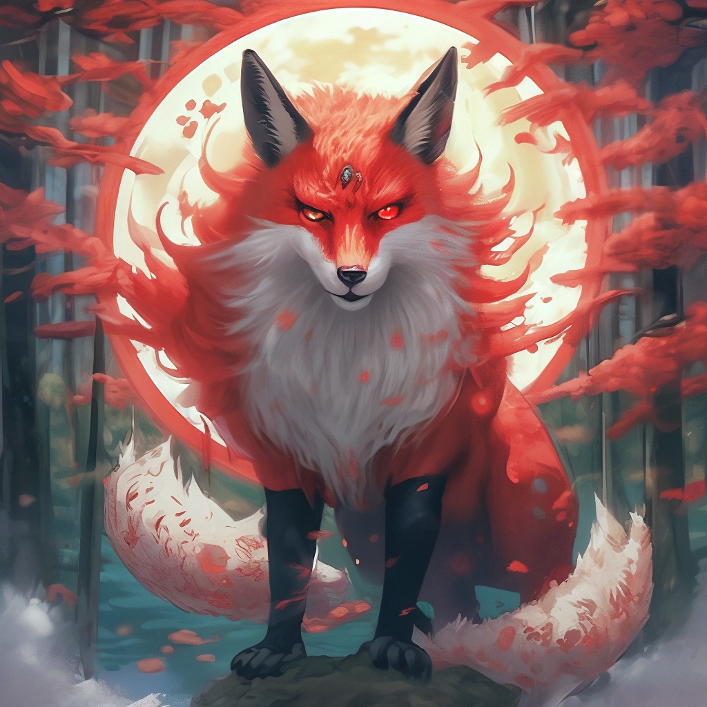 "A huge nine-tailed fox with red eyes slits holds the moon with one ...