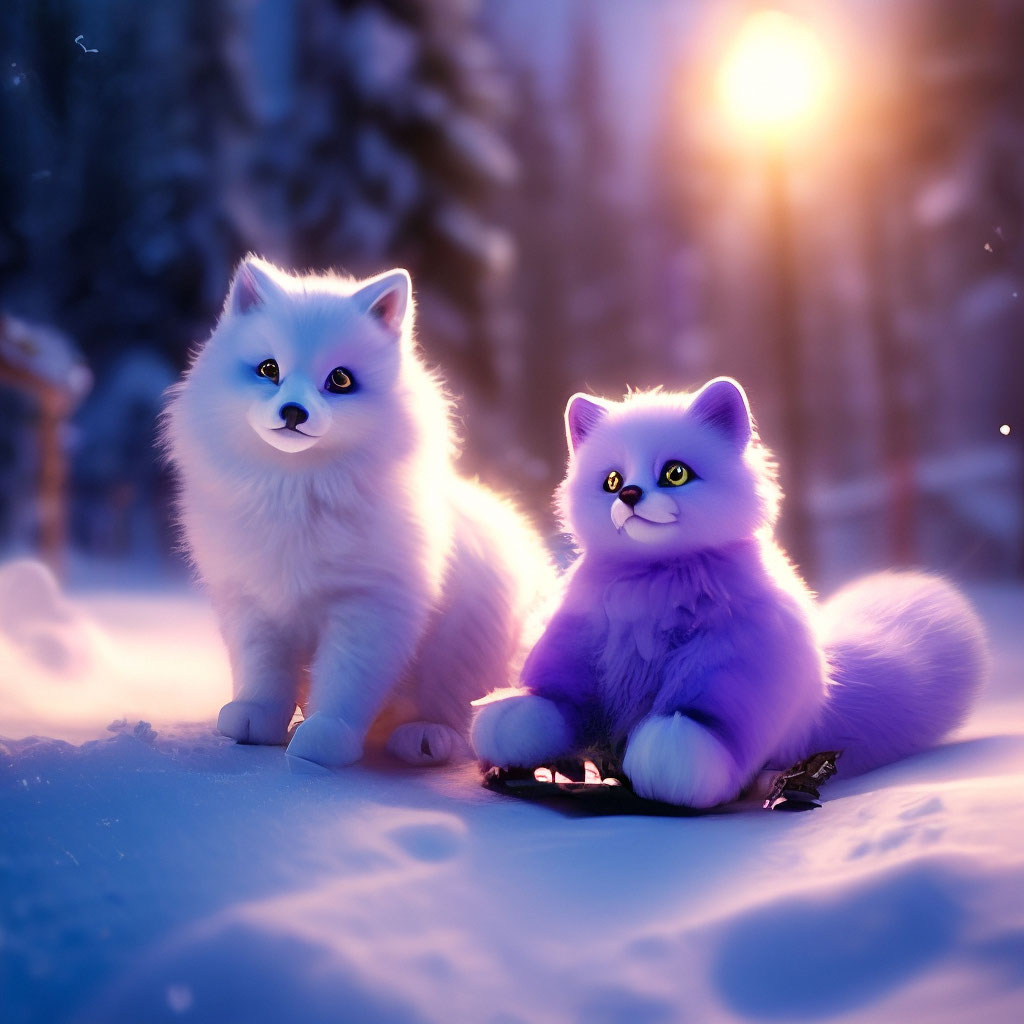"A fox and a cute very fluffy bright purple fat baby cat ride on a snow ...
