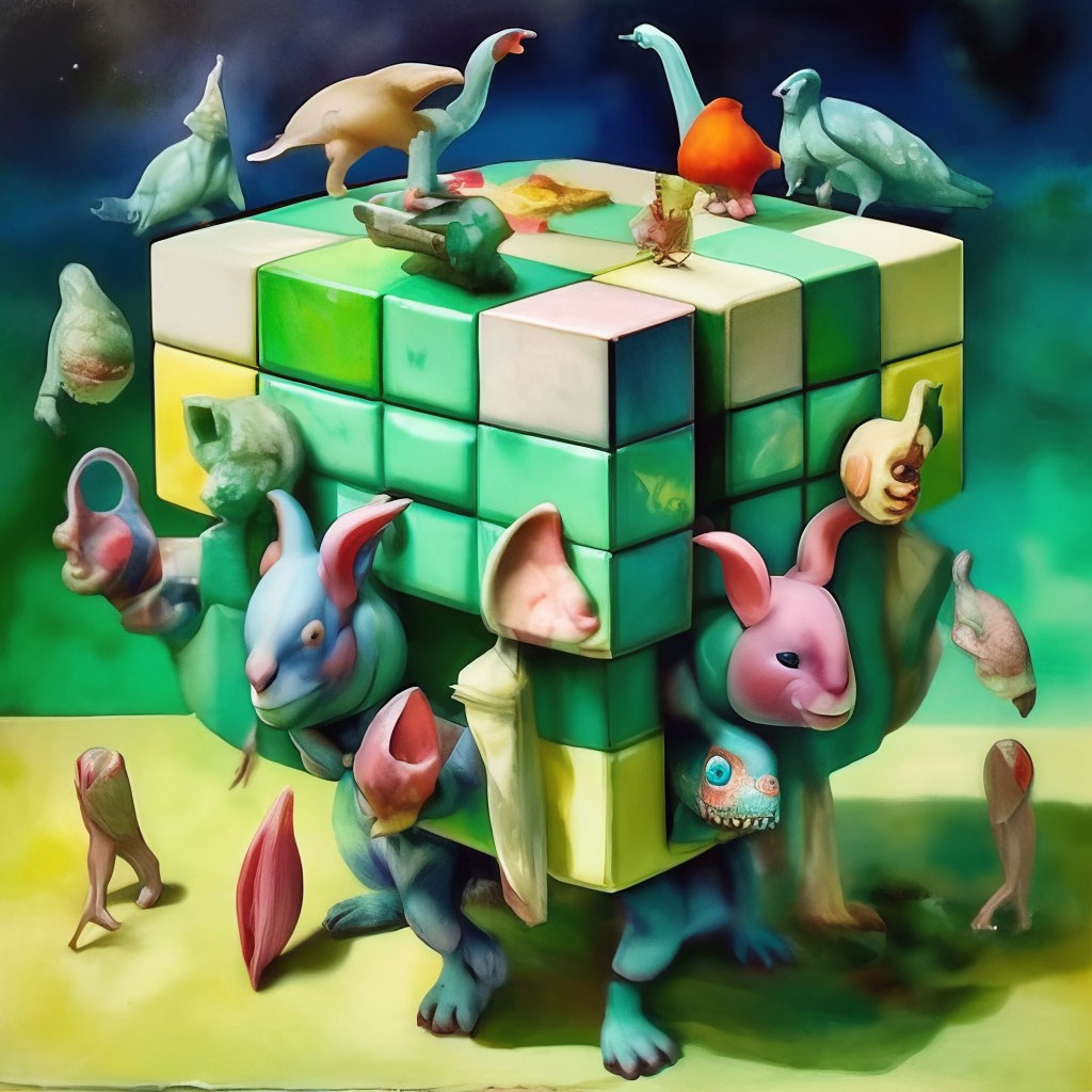"A curved rubik's cube with protruding ears, grotesque, bizarre ...