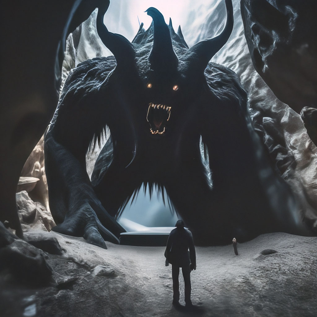 "A hairy black demonic creature in the darkness of giant caves, with ...