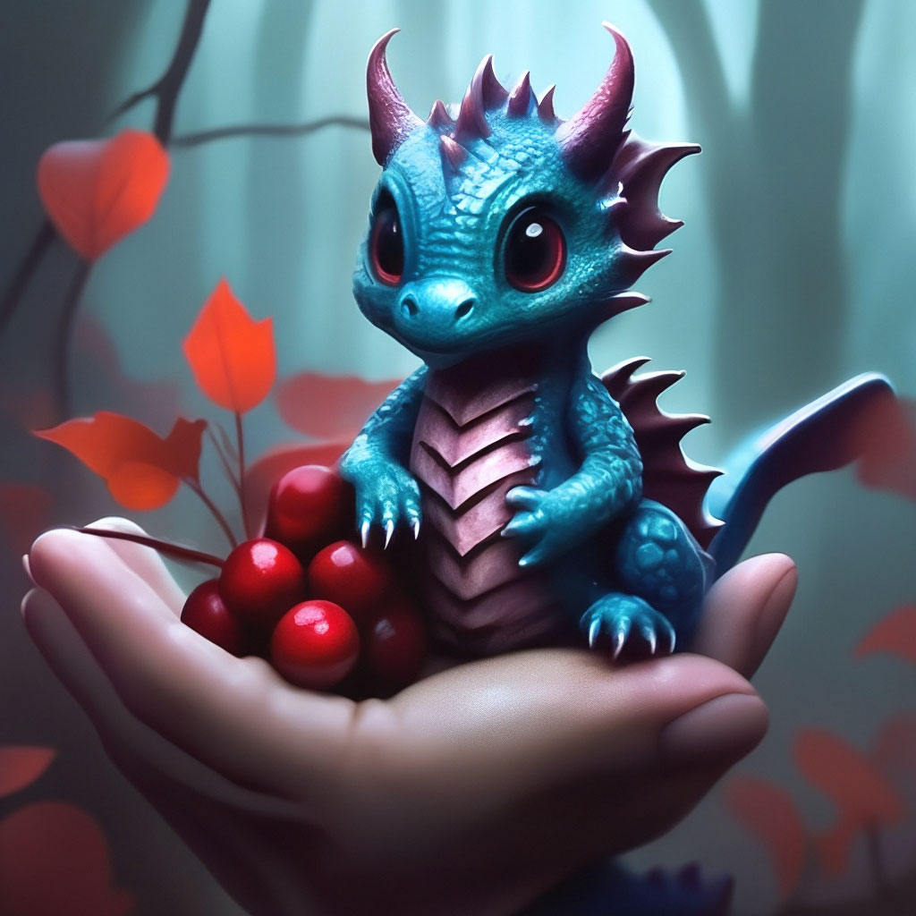 "Cute dragon baby berry is sitting on his hand" — image created in ...