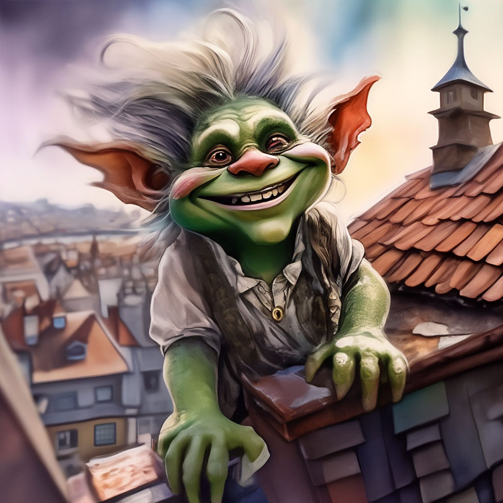 "Photo, watercolor, ink funny, cute troll stands on the roof above the ...