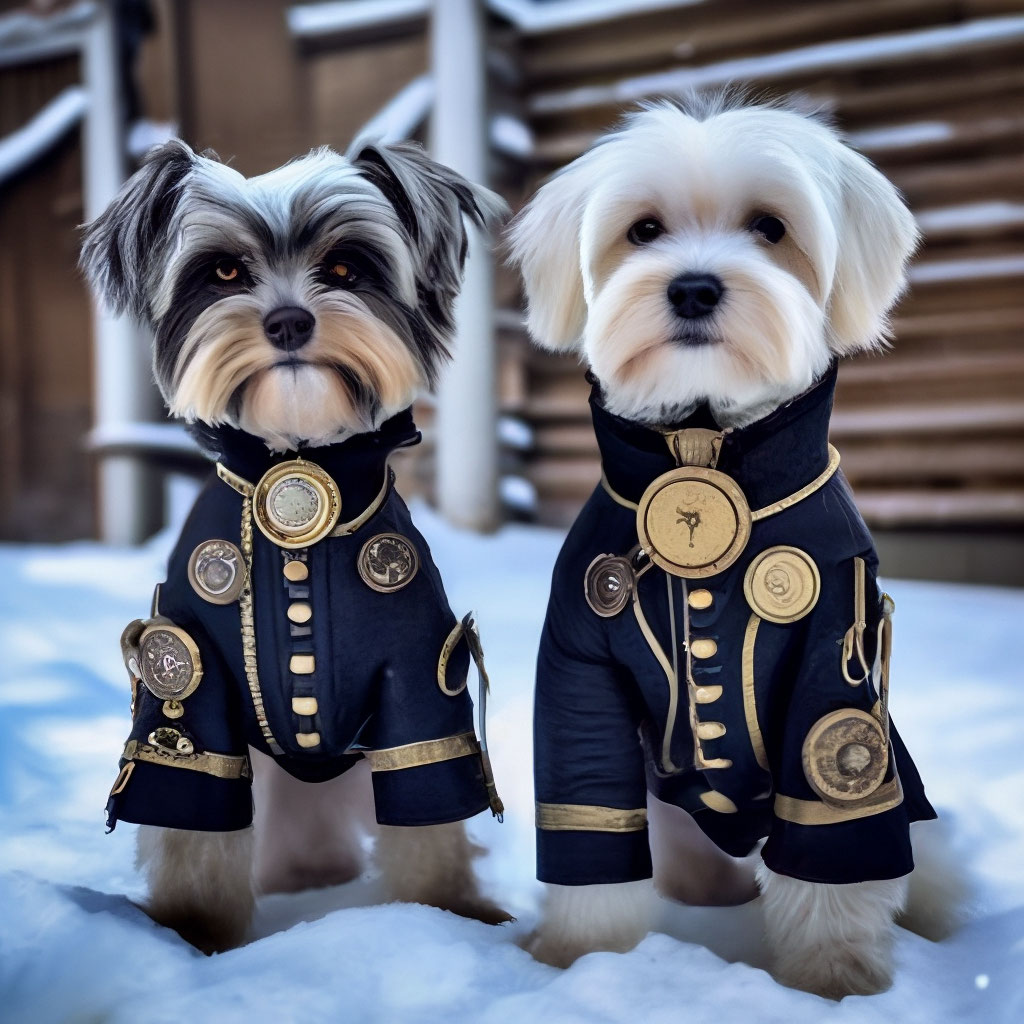 "York and Maltese in matching jumpsuits play in the snow" — image ...