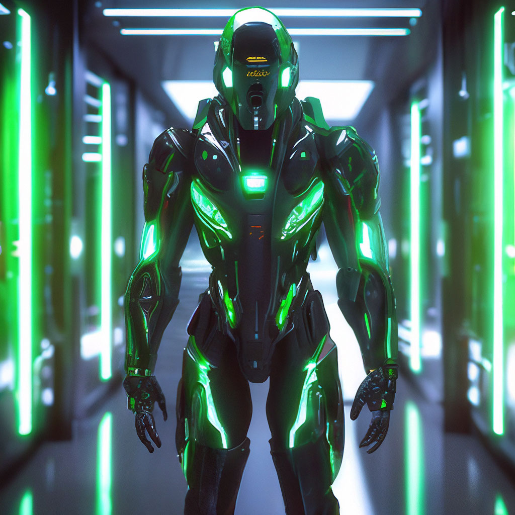 "Black cyborg, powerful armor, closed helmet, backlight, standing in ...