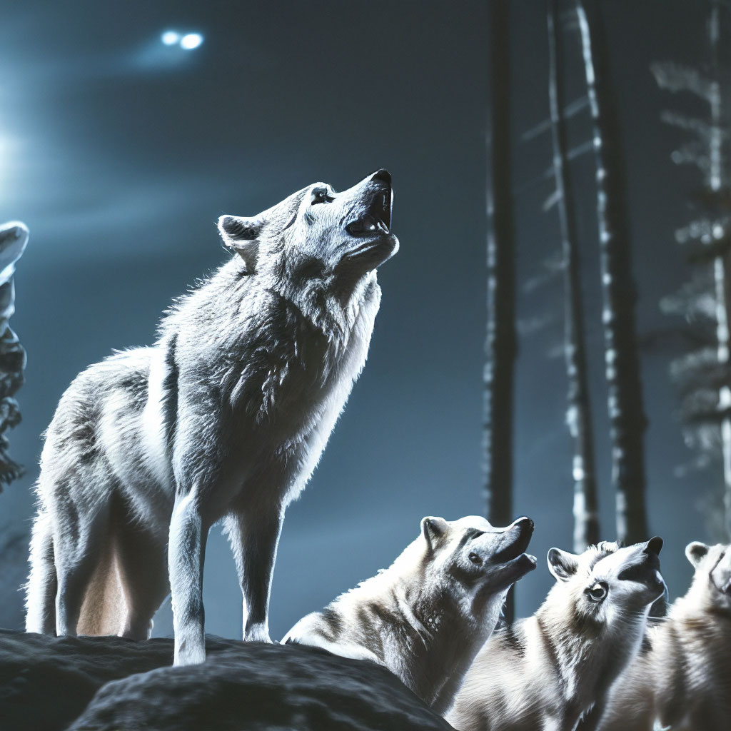 "A white wolf with thick fur howls at the moon from a hill in the ...