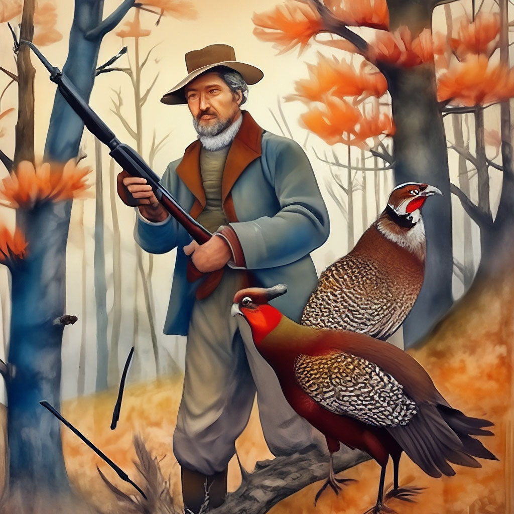 "Hunter A man with a gun is hunting a pheasant in an oak forest. Highly ...