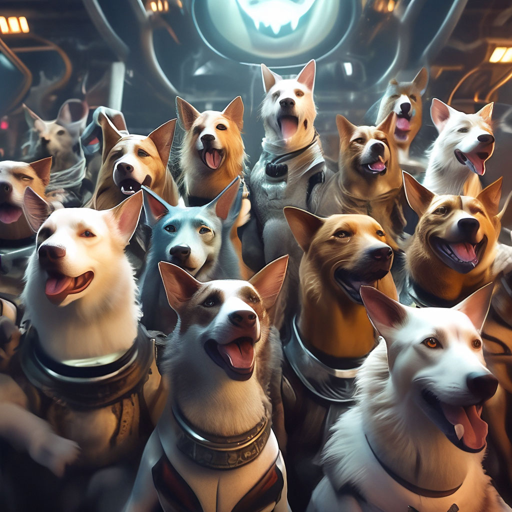 "Chorus of singing dogs of different breeds" — image created in Shedevrum