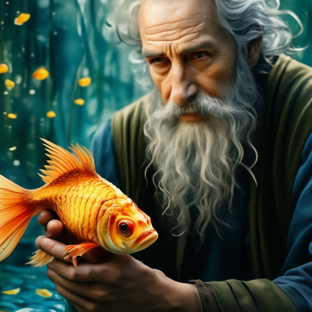 "An old man and a goldfish in the style of a children's book ...