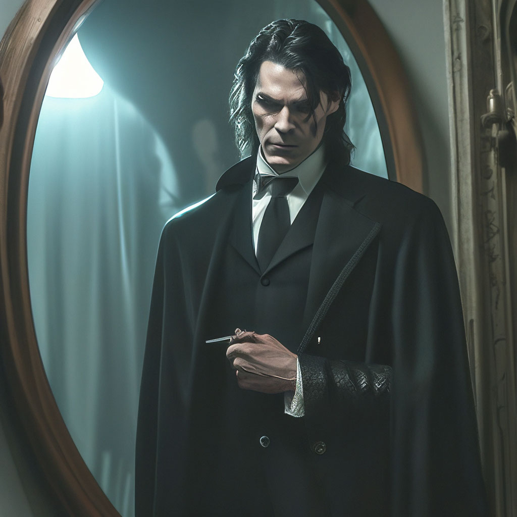 "Vampire looks in the mirror, over-detail, professional quality ...