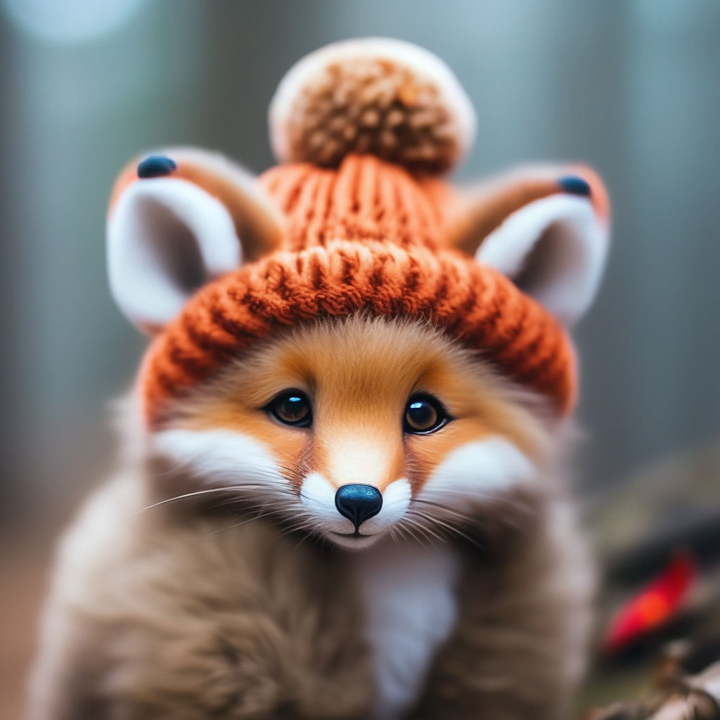 "A very cute fluffy fox cub in a hat with a pompom" — image created in ...