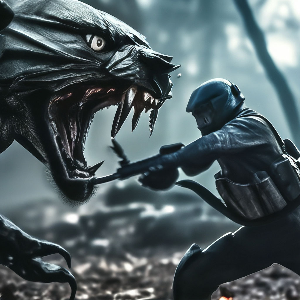 "Double exposure. Tactical swat vs the evil fanged humanoid creature ...