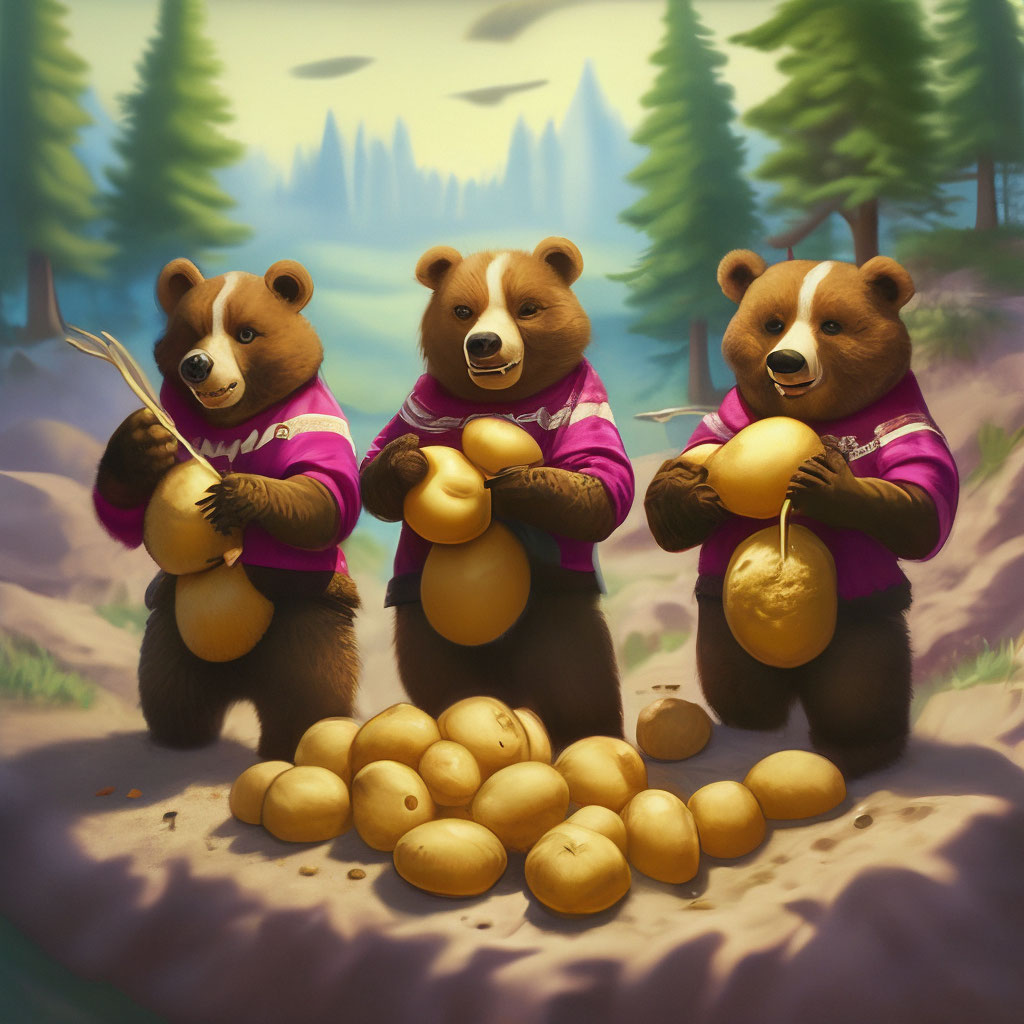 "2 series. 3 bears put potatoes in pits" — image created in Shedevrum