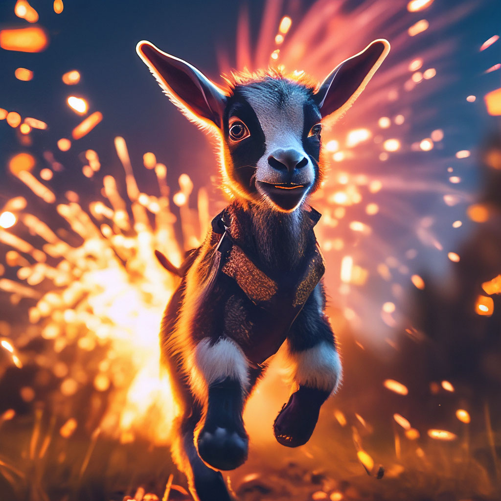 "A small humanoid goat runs and enjoys life around explosions ...