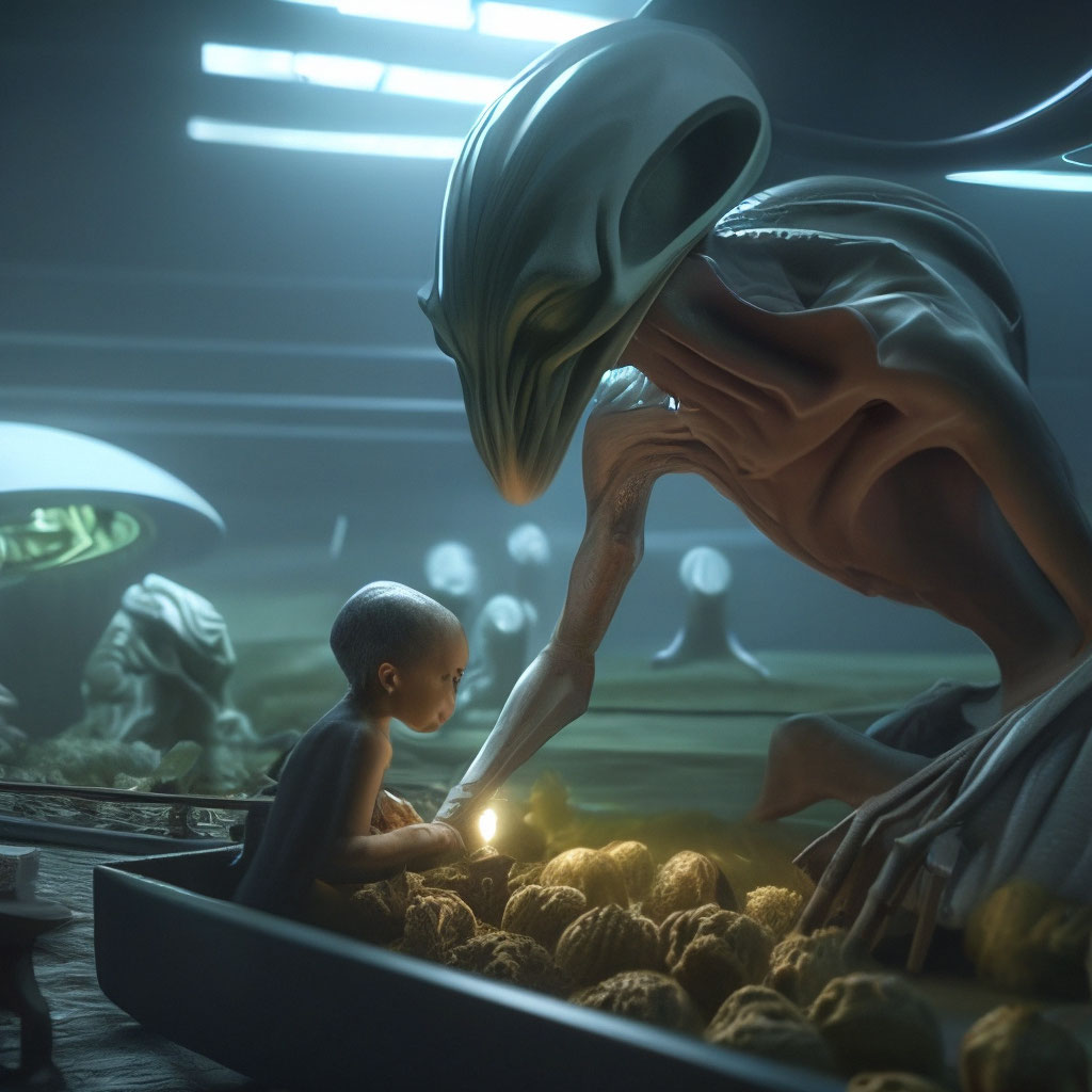 "Aliens on their alien farm raise people to eat them later. gloomy ...