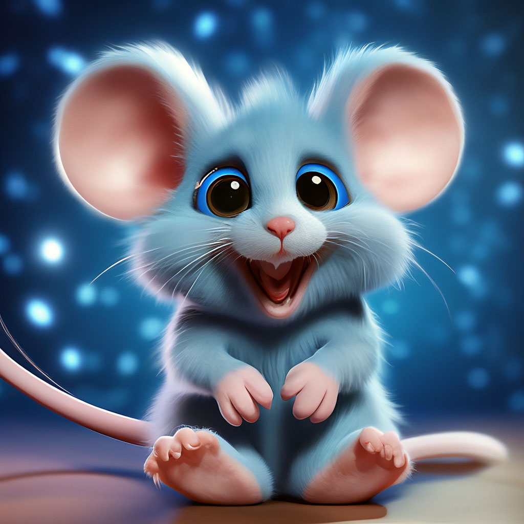 "Creep fluffy funny mouse, blue eyes, glitter, detailed expressive eyes ...