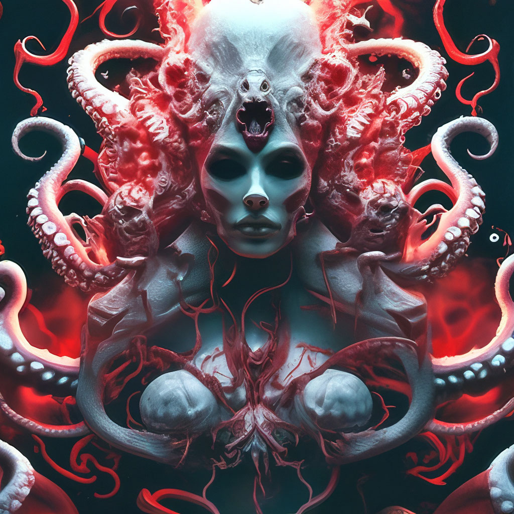 "Necromorphic goddess of octopuses,water explosion,horror aesthetics ...