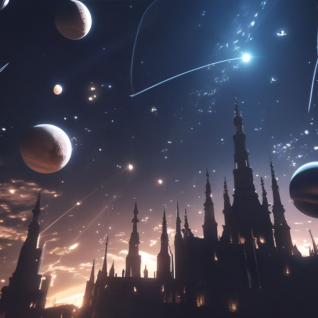 "Starry sky and a parade of planets, darkness, gothic, dim lighting, 4k ...