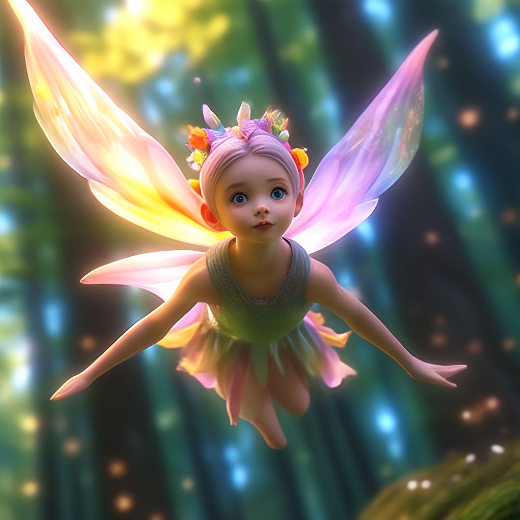 "Small colorful ethereal flying fairy, in an enchanted forest, 8k ...