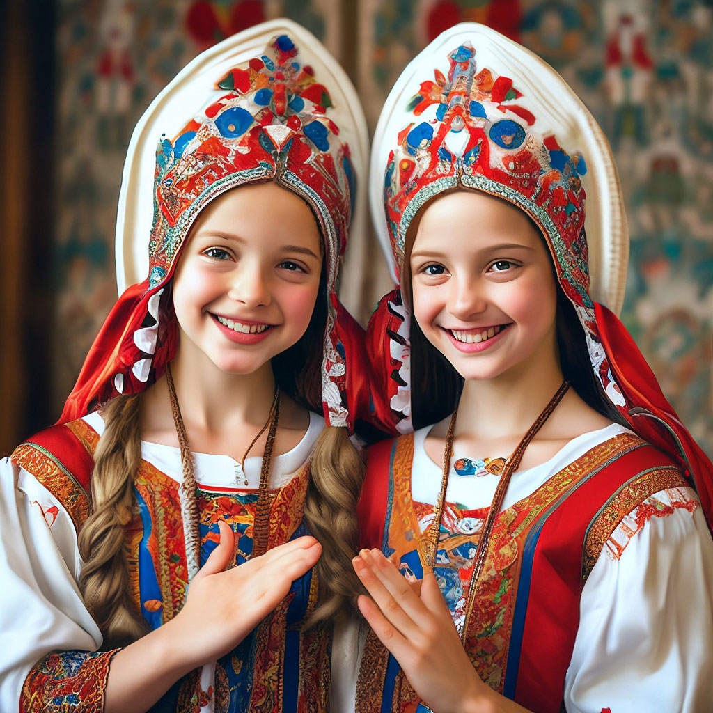 "Russian Russian-haired twin girls with Russian symbols, in a kokoshnik ...