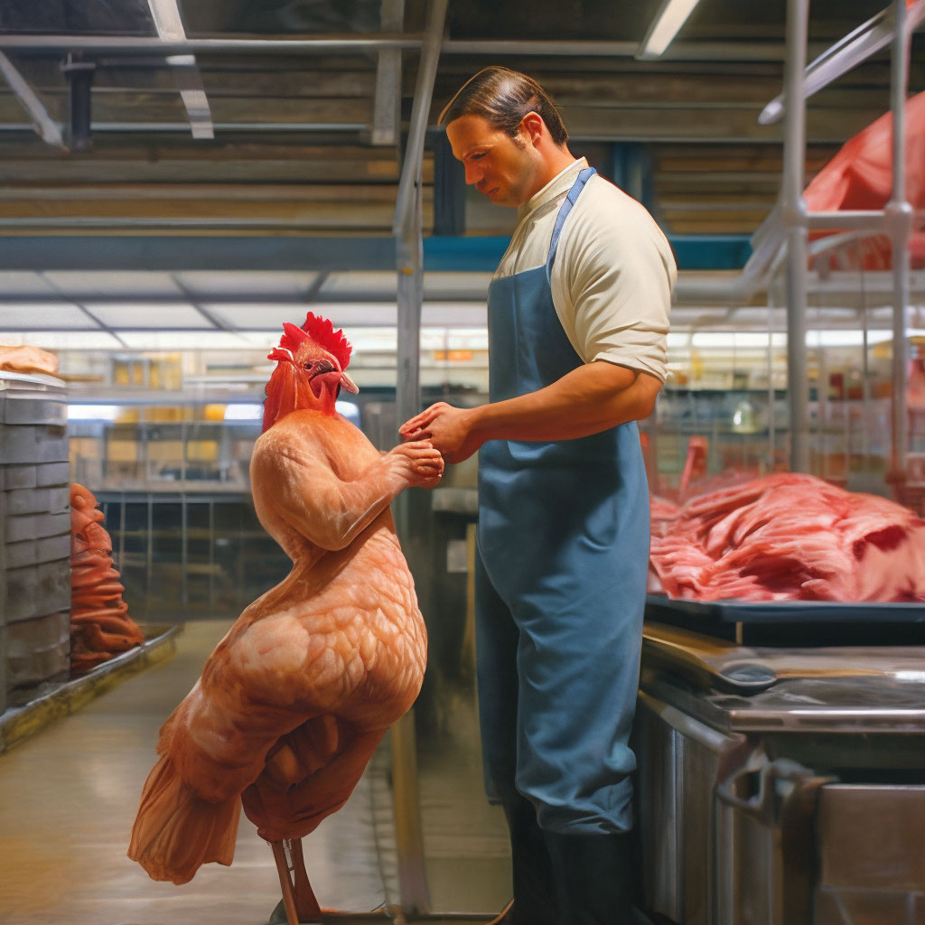 "Meat department a butcher with a kind soul , looks at a live chicken ...