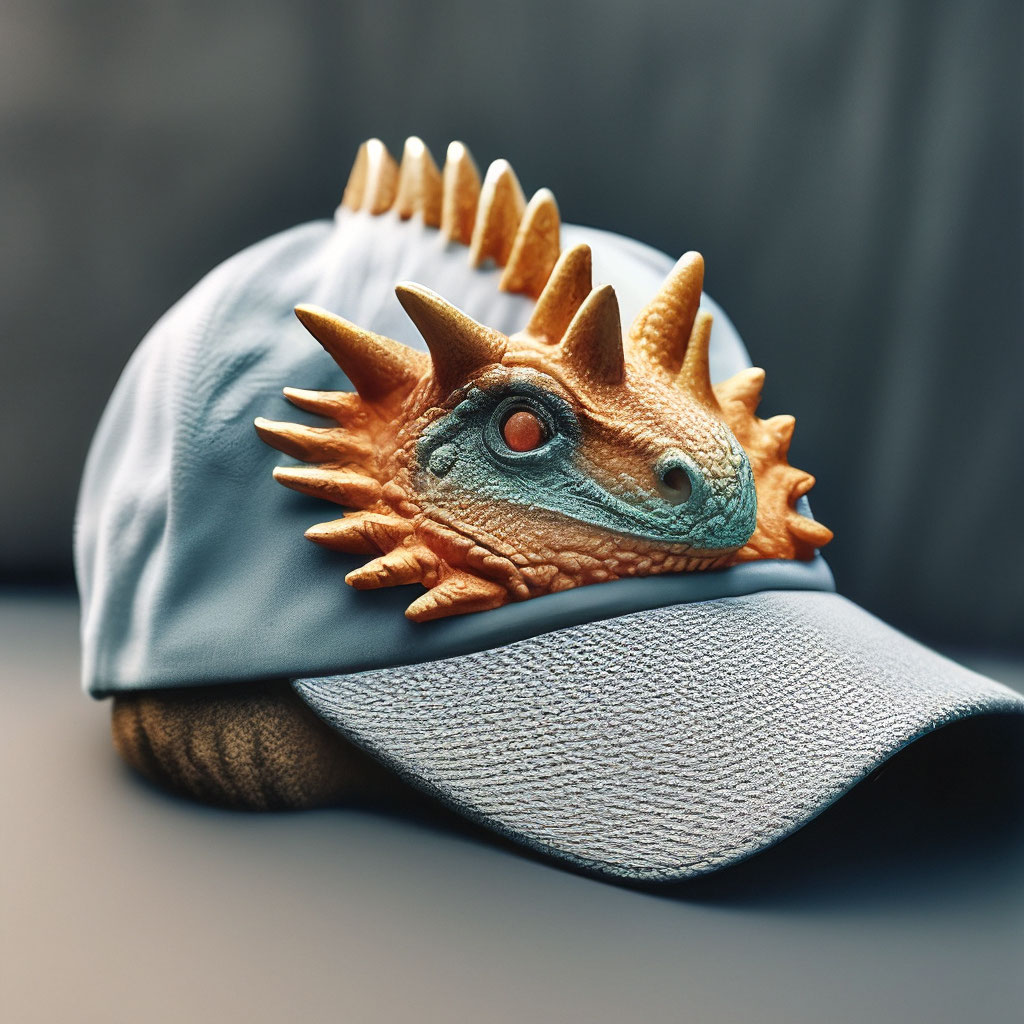 "A baseball cap stylized as a dinosaur. with combs and teeth, design ...