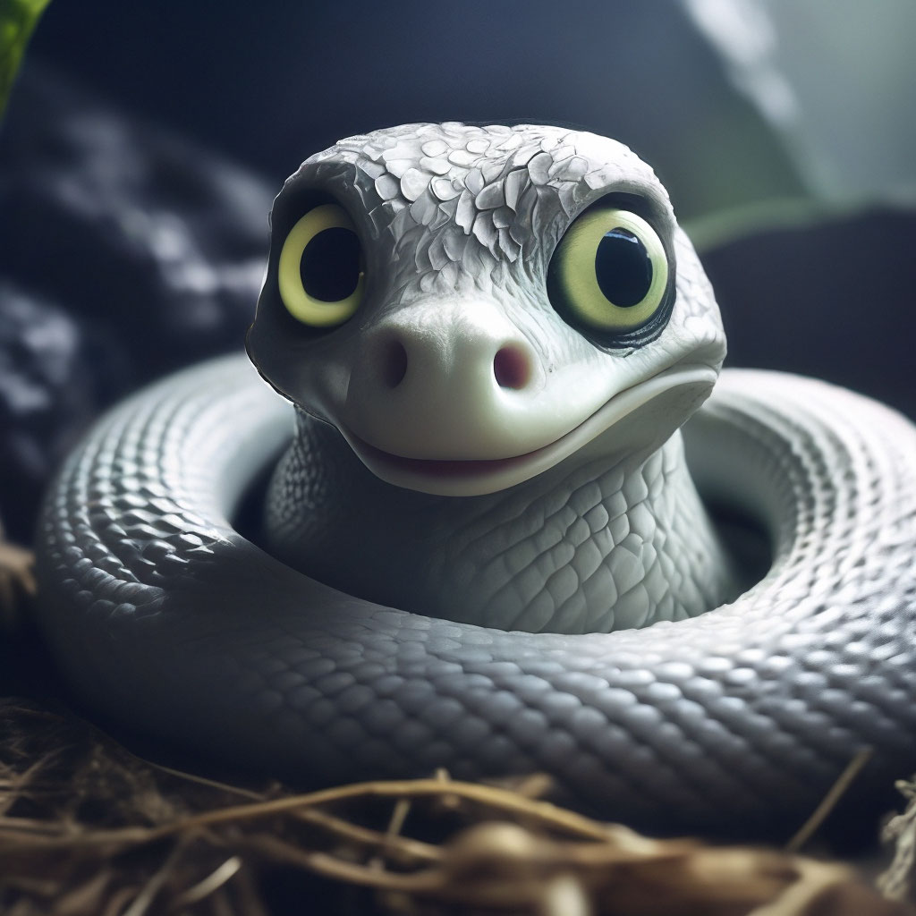 "Who am I? funny fluffy creep snake, looking at a big egg, funny eyes ...