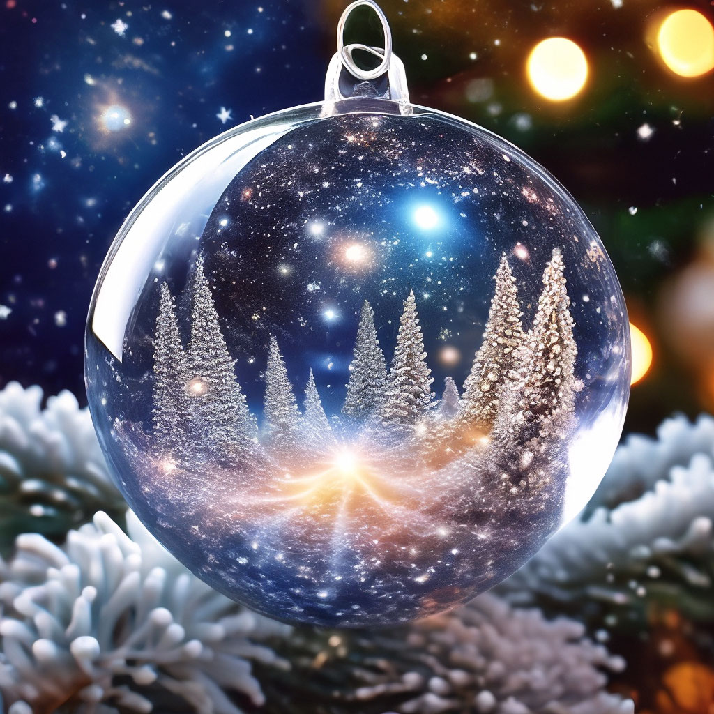 "Frosty patterns of galaxies inside a glass ball hanging on a Christmas ...