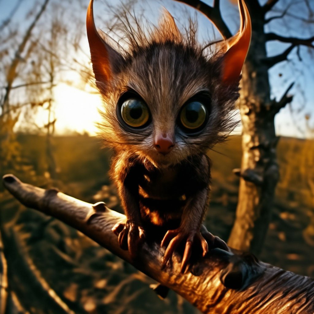 "A little demon is sitting on a tree branch" — image created in Shedevrum