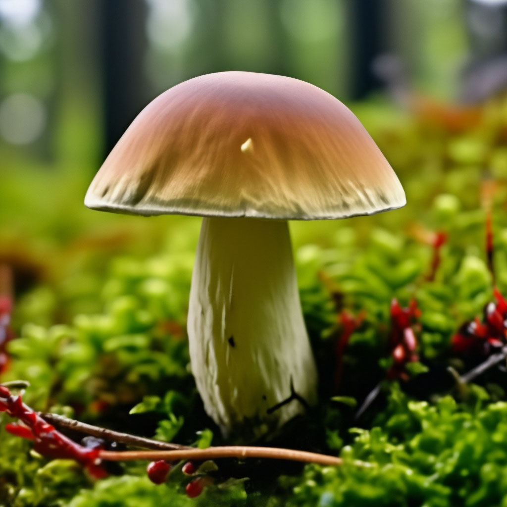 "The white boletus mushroom grows in blue moss" — image created in ...