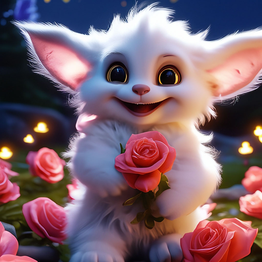 "Cute fluffy smiling white gremlin embraces a rose flower in the night ...