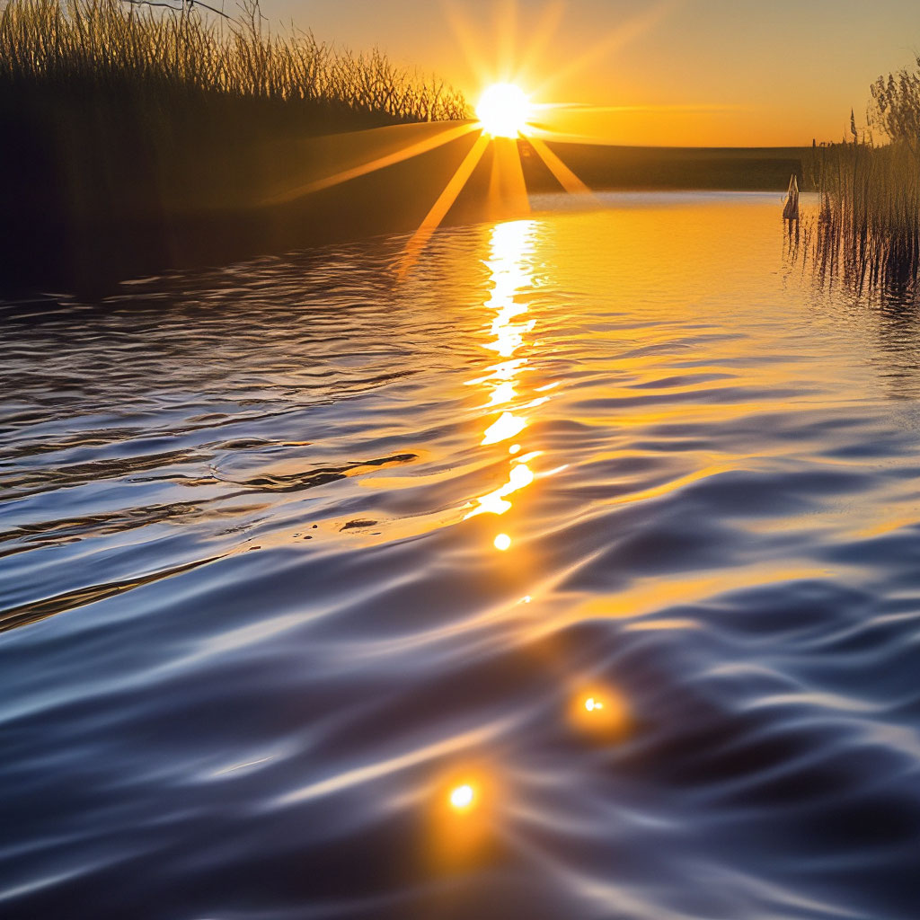 "The sun ray fell right into the water in the evening" — image created ...