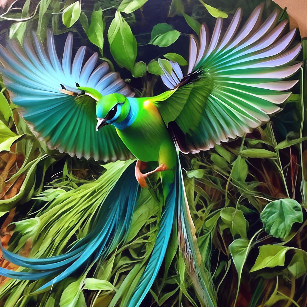 "Introvert.ru🌸 Quezal bird in flight long green tail around greenery ...