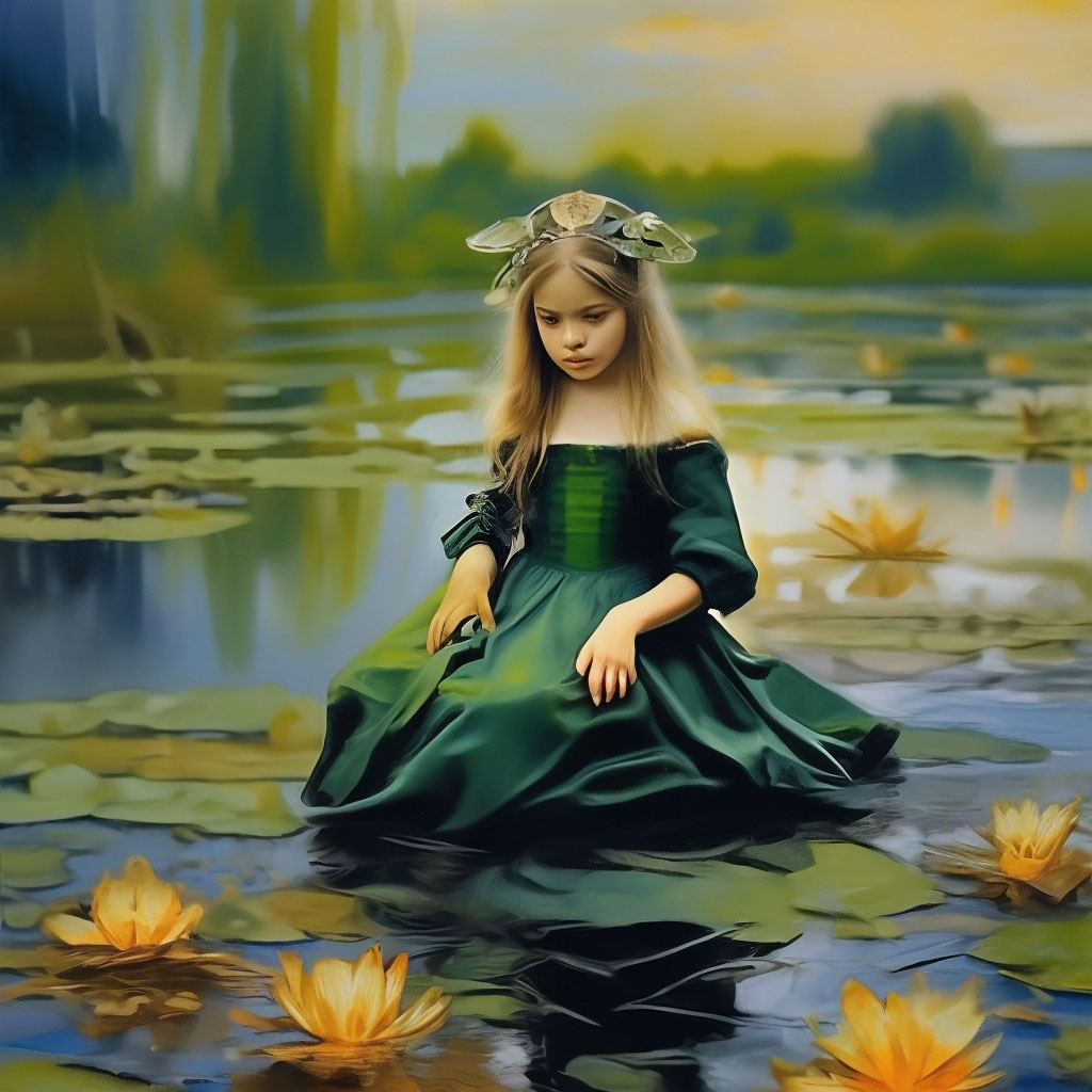 "Frog princess in the pond with lilies by Claude Monet" — image created ...