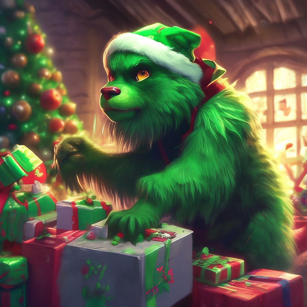 "A creature with green fur steals Christmas" — image created in Shedevrum