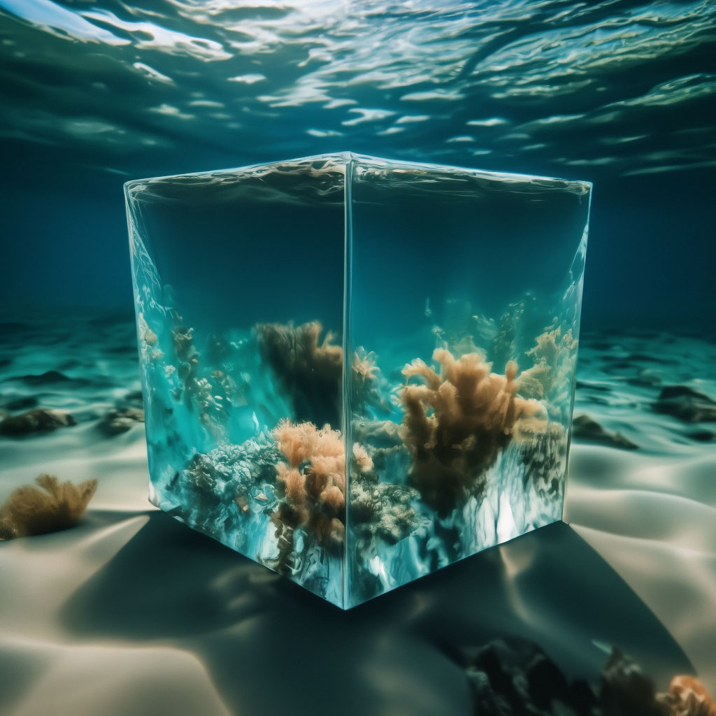 "A transparent crystal cube with an erosion of the seabed is under ...
