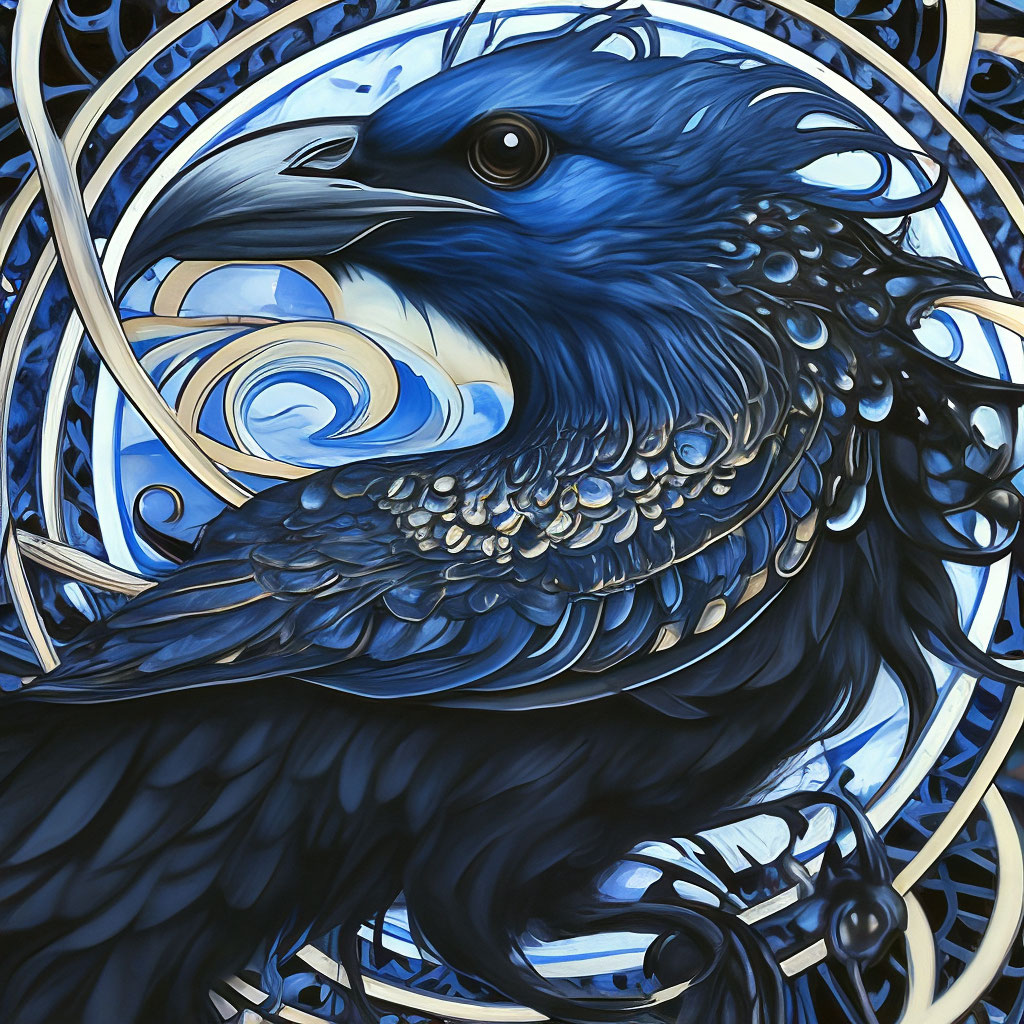 "A dazzling black raven., ornament, pattern, dew, movement, swirl of ...