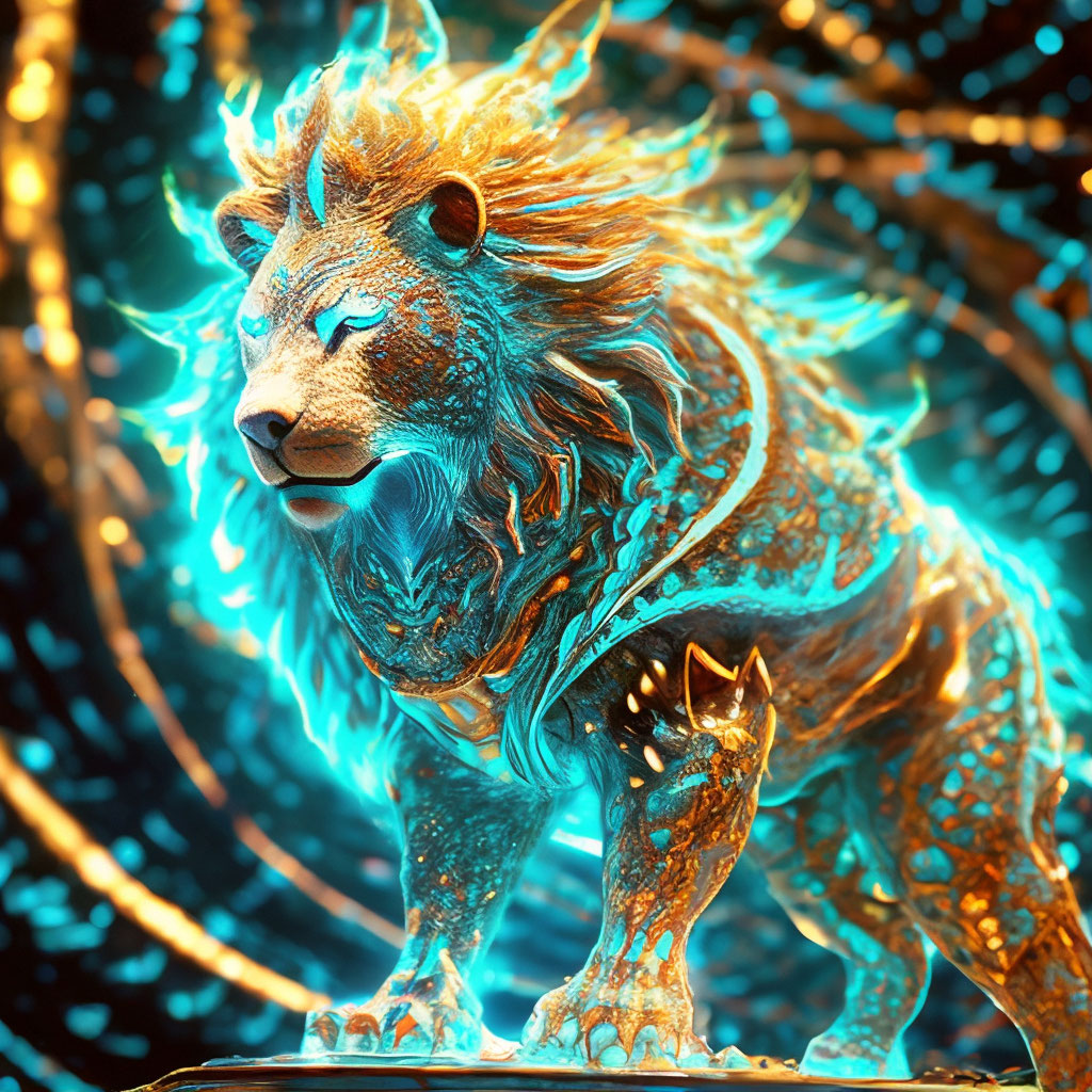 "A beautiful cosmic lion from fractals of turquoise light stands on a ...