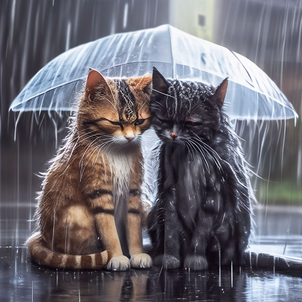 "Two cats are sitting hugging in the rain, wet, covered with cellophane ...