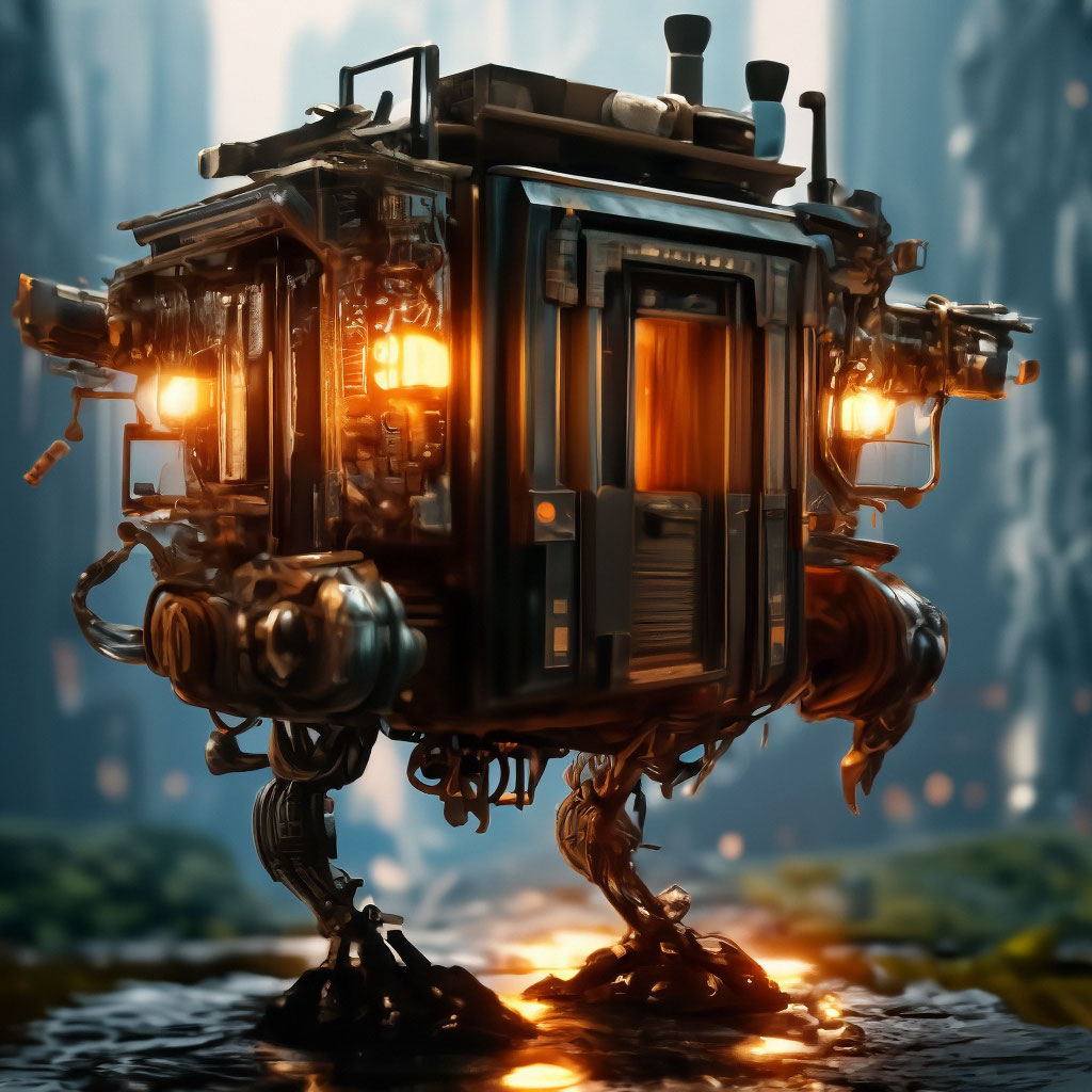"Mechanical upgraded hut on chicken legs, cybernetic style, modern ...