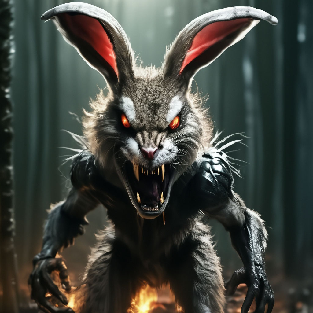 "Angry hare, full-length, with big fangs,symbiosis, horror, tin, fear ...